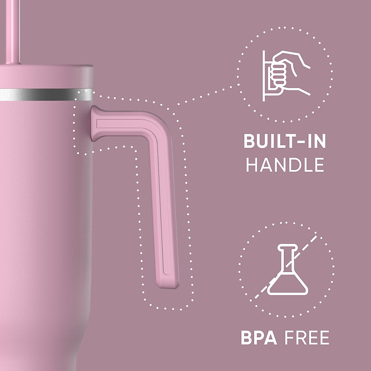 Hydrapeak Voyager 40 Oz Stainless Steel Tumbler with Handle, Insulated Water Bottle With Straw & Lid, Cupholder Friendly Reusable Travel Mug (Cotton Pink)