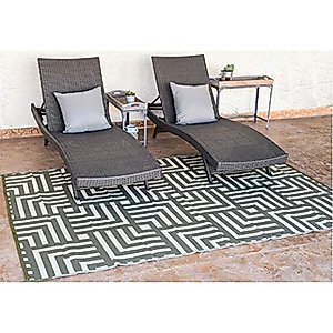 Stylish Camping 276094 6-feet by 9-feet Reversible Mat, Plastic Straw Rug, Large Floor Mat for Outdoors, RV, Patio, Backyard, Picnic, Beach, Camping - Geometric Mat (Olive Green/Beige)