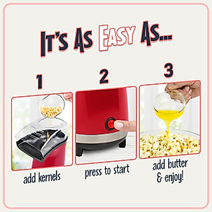 Nostalgia 16 Cup Hot Air Popcorn Maker | Makes Hot, Healthy Popcorn, No Oil Needed | Measuring Cap for Kernels Included | Stainless Steel | Red
