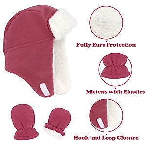 Baby Girl Winter Hat Toddler Hats for Girls Boys Sherpa Lined Trapper Hat Baby Hats and Mittens Toddler Gloves Rose 12-24 Months