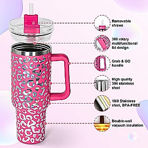 sweet grain 40oz Insulated Leopard Tumbler with Handle, Stainless Steel Coffee Hot Pink Tumbler with Lid and Straws,Double Vacuum Coffee Travel Mug Water Bottle for Office,Home, Party