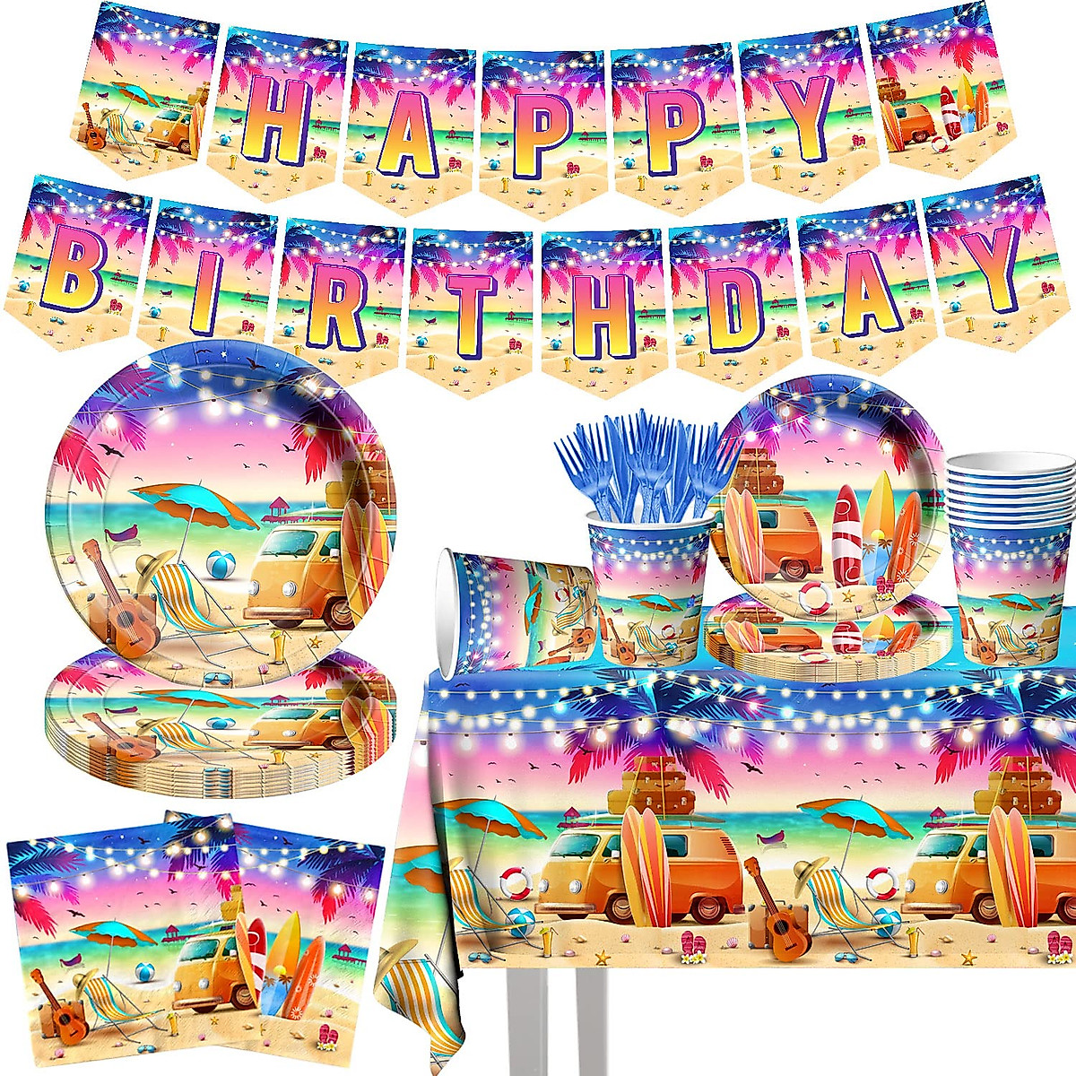 142pcs Sunset Beach Summer Tableware Set Beach Theme Party Decorations Palm Leaves Tropical Beach Banner,Tablecloth,Cups,Plates Napkins,Forks and Knives for Hawaiian Party,Swimming Pool Party,Birthday