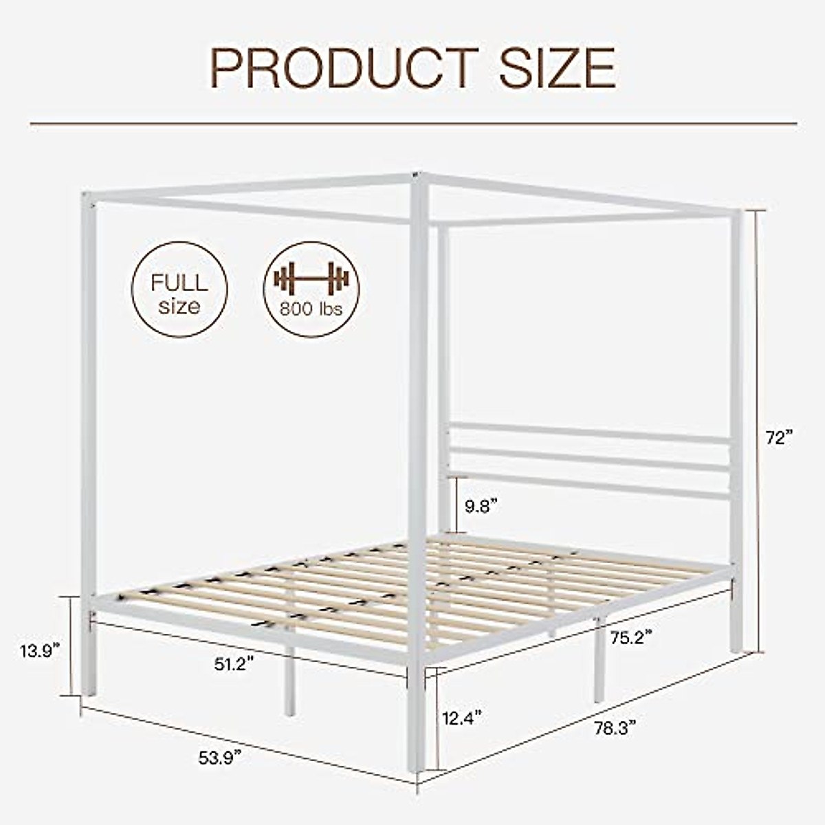 ikalido Full Size Metal Canopy Bed Frame, Modern Four-Poster Platform Bed Frame, Mattress Foundation with Wood Slat Support/Under-Bed Storage Space/No Box Spring Needed/White