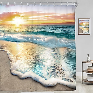 Riyidecor Ocean Coastal Hawaiian Sunrise Shower Curtain 72x84 Inch Sea Wave Summer Beach Seaside Scene Island Blue Fabric Set Waterproof 12 Pack Hooks BB-JWXP
