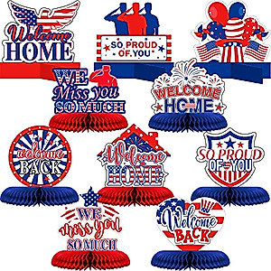 10 Pieces Welcome Home Party Decorations Welcome Home Honeycomb So Proud of You Military Welcome Home Table Centerpieces for Patriotic Homecoming Military Army Deployment Returning Party Supplies
