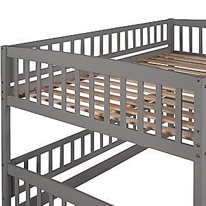 Lepfun Full Over Full Low Bunk Bed with Convertible Slide and Ladder for Kids, Bedroom, Wooden Bedframe w/Fence, Save Space, No Need Spring Box, Gray