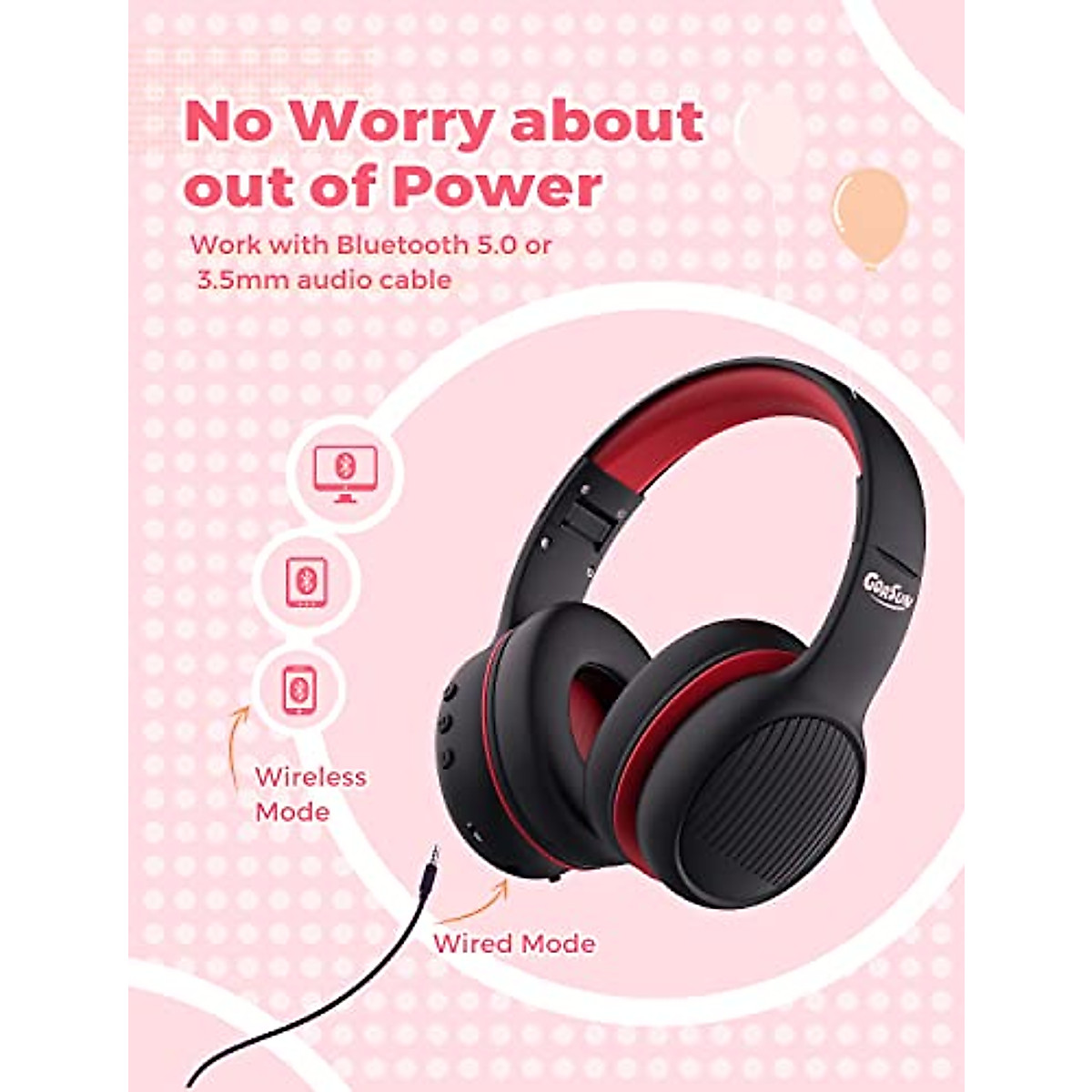 gorsun Premium Kids Headphones with 85/94dB Volume Limited, Wireless Headphones for Kids for School, Kids Bluetooth Headphones Over Ear with Built-in Microphone, Wired/Wireless, Adjustable (Red)