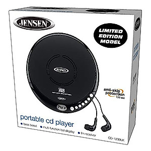 Jensen Portable CD-120BK Portable Personal CD Player Compact 120 SEC Anti-Skip CD Player – Lightweight & Shockproof Music Disc Player & FM Radio Pro-Earbuds for Kids & Adults