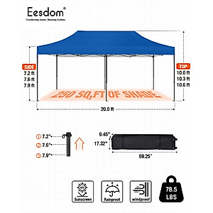 Eesdom 10x20 Canopy Tent with Roller Bag, Commercial Pop Up Canopy Tent, Adjustable Height with Pull Ring, Outdoor Canopy for Beach, Parties, UPF50+, 6 Stakes & 6 Sandbags & 6 Ropes, Blue