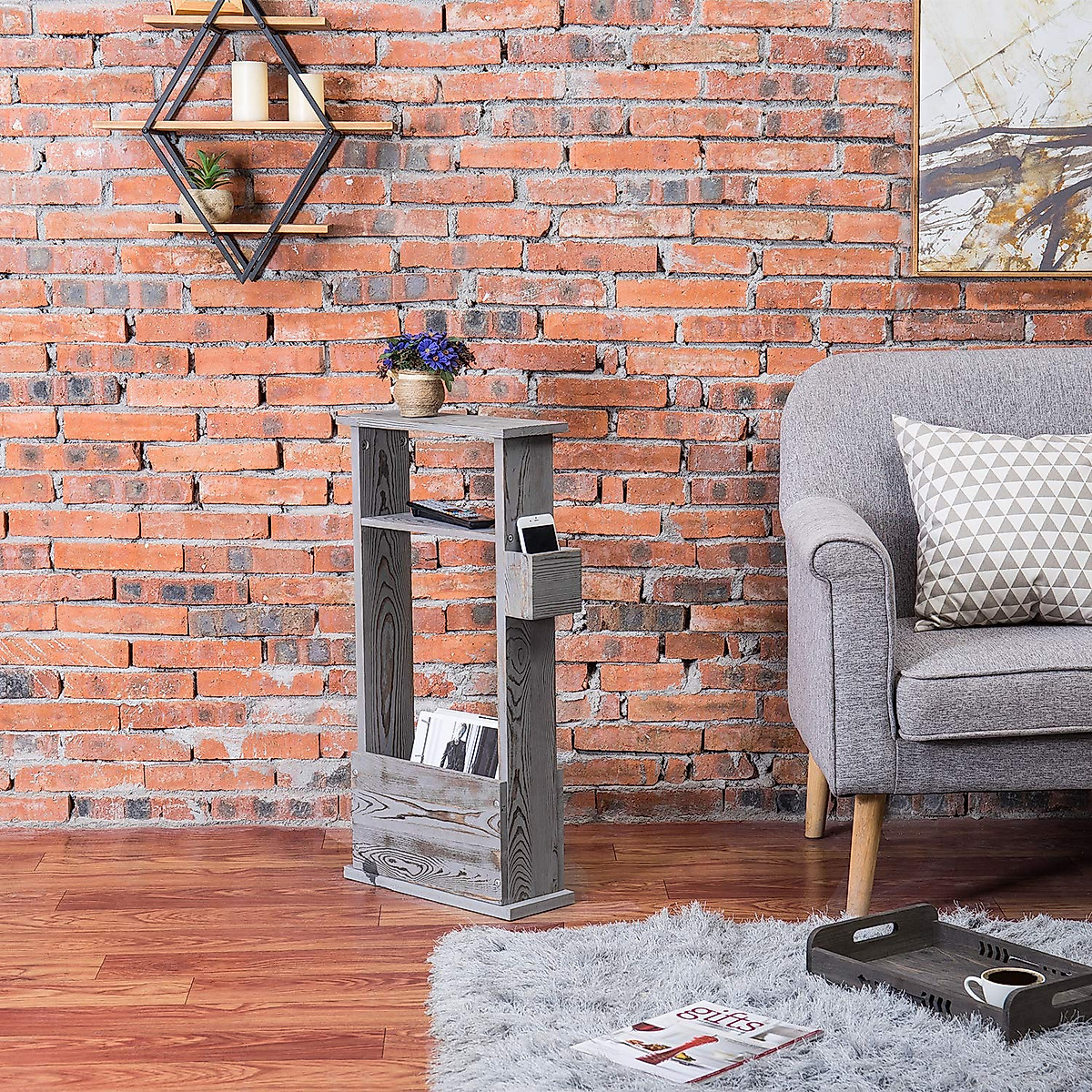 MyGift Narrow Side Table, Slim End Sofa Table in Vintage Gray Wood with Storage Shelf, Magazine and Remote Holder