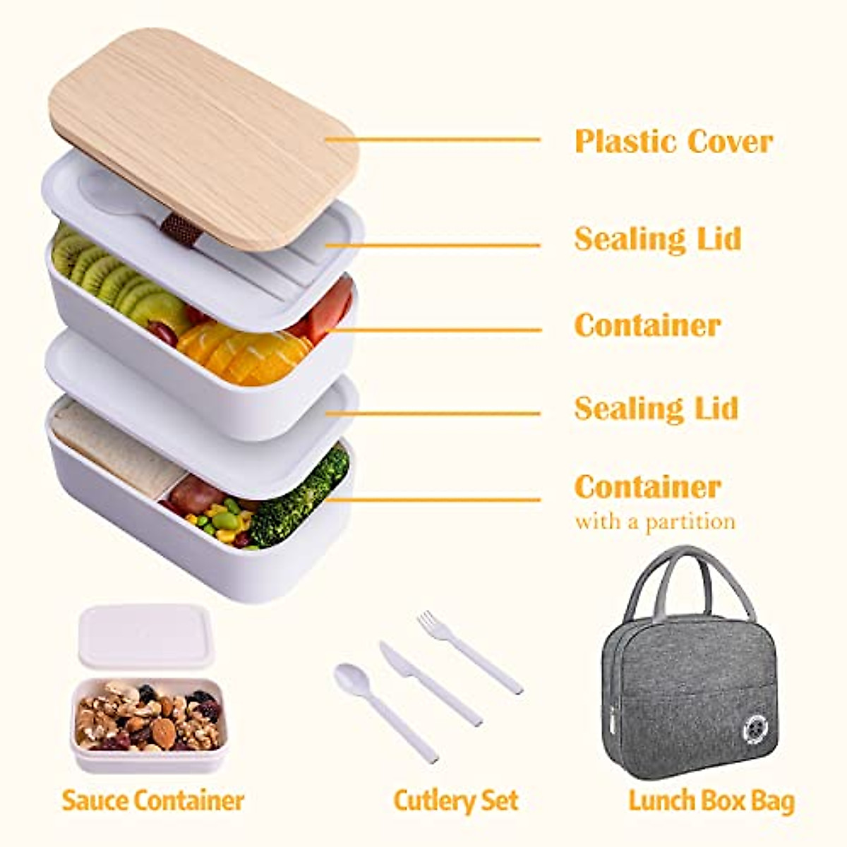 Healfyya Japanese Bento Box with Bag Leakproof Lunch Box with Utensils Stackable Food Containers Includes Sauce Container 54OZ White