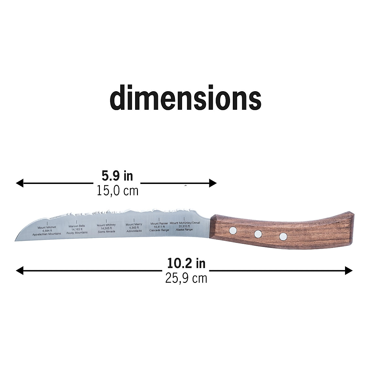PanoramaKnife Kitchen Knife – Swiss Made – Peaks of USA – Mountain Ranges Resembled in Blade - Surgical Stainless Steel + Walnut Wood –– 10in – Best Cooking Knife – Great Gift for Outdoor Enthusiasts