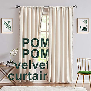 Pom-Pom Cream Velvet Curtain 84inches Long Window Drapes for Living Room Cotton Feel Soft Ivory Window Curtains for Bedroom Hotel Guest Room 42" W 2Panels
