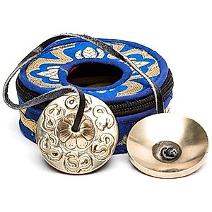 Lamatar1 Buddhist Tingsha Symbols- 2 Inch Mini Size With Blue Cotton Zip-Up Case Bag -Hand Made From Nepal- For Sound Therapy, Cleansing, Reiki & Meditations