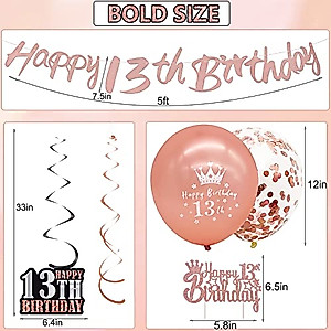 WOJOGO 13th Birthday Decorations for Girls Boys, Rose Gold 13 Birthday Decorations Kit, Teenager Happy 13th Birthday Banner Hanging Swirls Birthday Cake Topper Balloons for Party Supplies