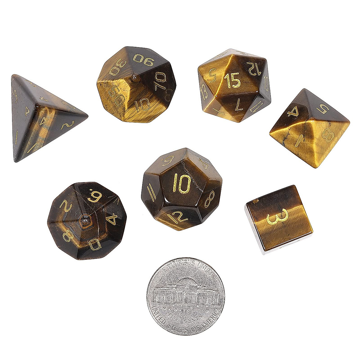 rockcloud Tiger's Eye DND Polyhedral Dice Set of 7, Healing Crystal Stone Hand-Made Dices with Dice Box for RPG MTG Table Games Home Office Decor