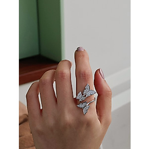 Michooyel S925 Cubic Zirconia Butterfly Adjustable Ring CZ Sterling Silver Finger Ring Statement Ring for Women
