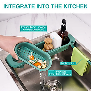 NiHome Telescopic Sink Caddy Adjustable Sponge Holder for Kitchen Sink Expandable Storage Drain Basket Sink Organizer Holder Dish Cloth Hanger for Home Kitchen (Green)