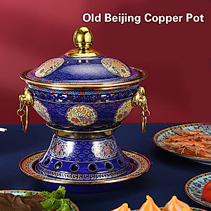 Chafing Dishes Single Person Small Hot Pot Cloisonne Copper Hot Pot, Commercial Household Cooking Pot, Anti Scalding Handle (Color : blue, Size : 20.5 * 25cm)