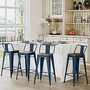 Andeworld Bar Stools Set of 4 Counter Height Stools Industrial Metal Barstools with Wooden Seats(24 Inch, Distressed Navy)