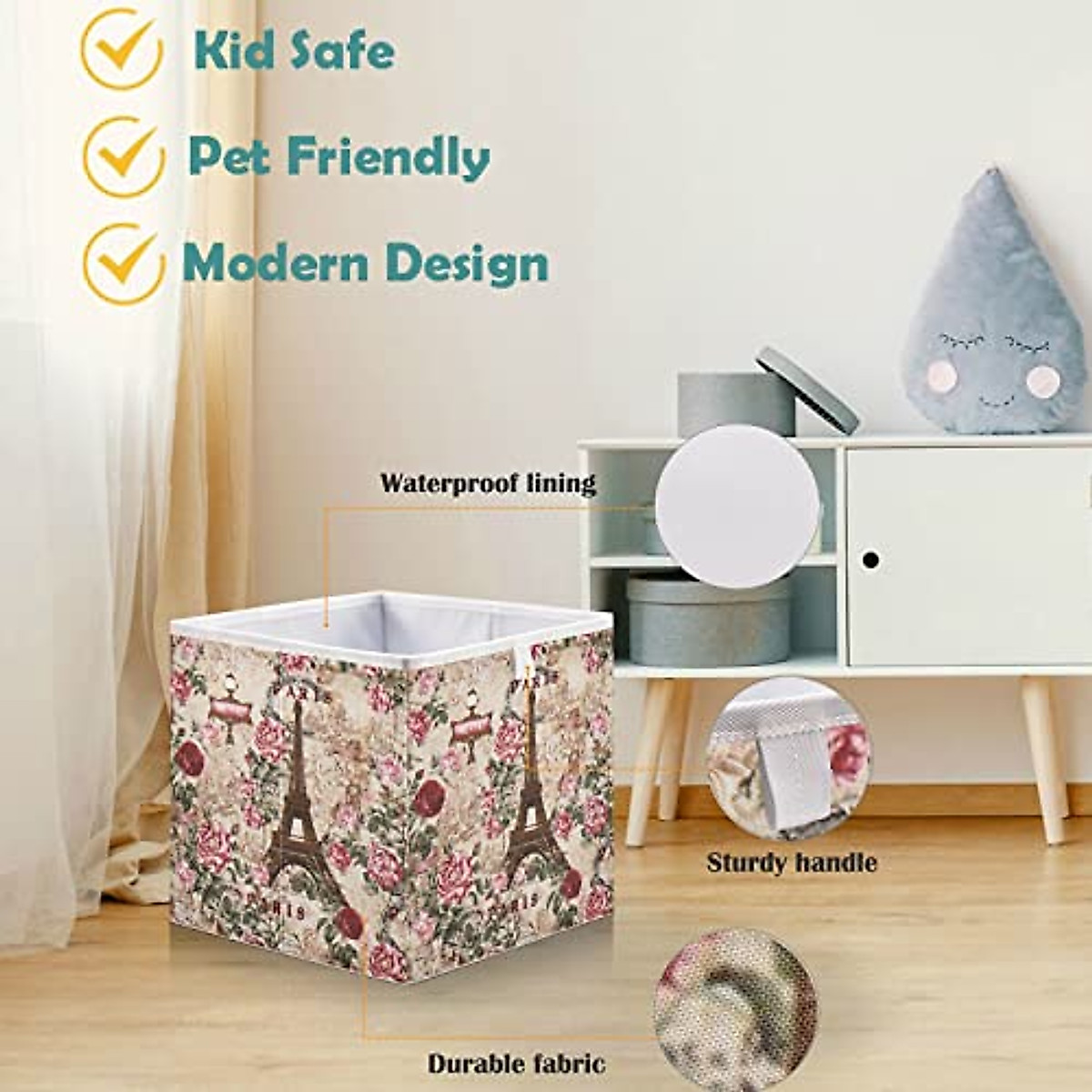 visesunny Closet Baskets Vintage Design Paris Eiffel-tower Rose Storage Bins Fabric Baskets for Organizing Shelves Foldable Storage Cube Bins for Clothes, Toys, Baby Toiletry, Office Supply