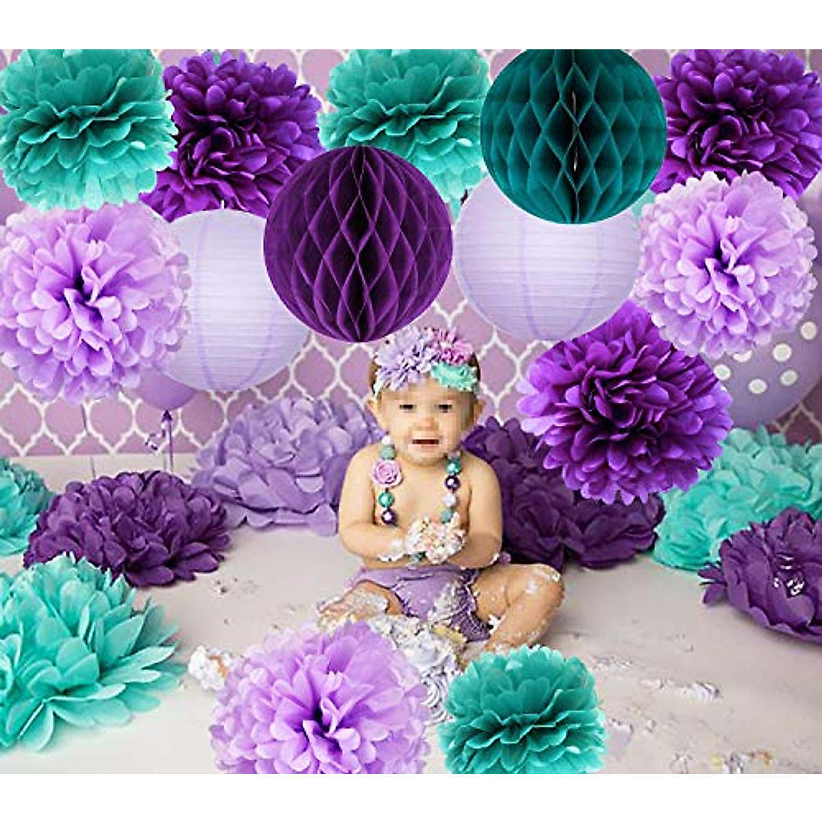 Paper Pom Poms Flowers Mermaid Party Under The Sea Decor Birthday Baby Shower Wedding Party Decoration 9pcs (Purple Teal Lilac)