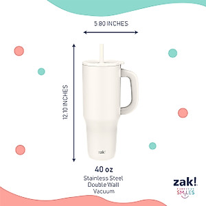 Zak Designs Sutton Travel Tumbler for On the Go, 40oz Stainless Steel with Vacuum Insulation, Silicone Straw, and Carry Handle for Cold Drinks (Cream White)