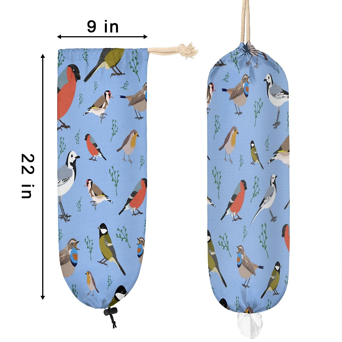Animal Birds Blue Plastic Bag Holder, Wall Mount Grocery Bag Holder Dispenser Organizer, Washable Shopping Bag Storage Home Kitchen Decor