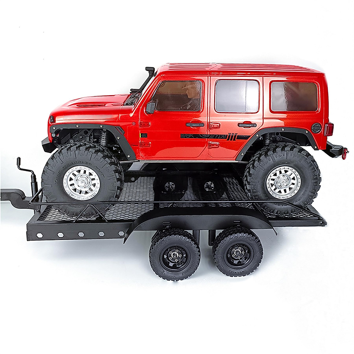 AMK RC Trailer, 1/10 Scale Trailer, Metal 1/10 RC Trailer with RC Trailer Hook Coupler and 1/10 RC Kinetic Winch Strap for 1/10 RC Crawler SCX10 TRX6 Redcat GEN8 TRX4 Upgrades