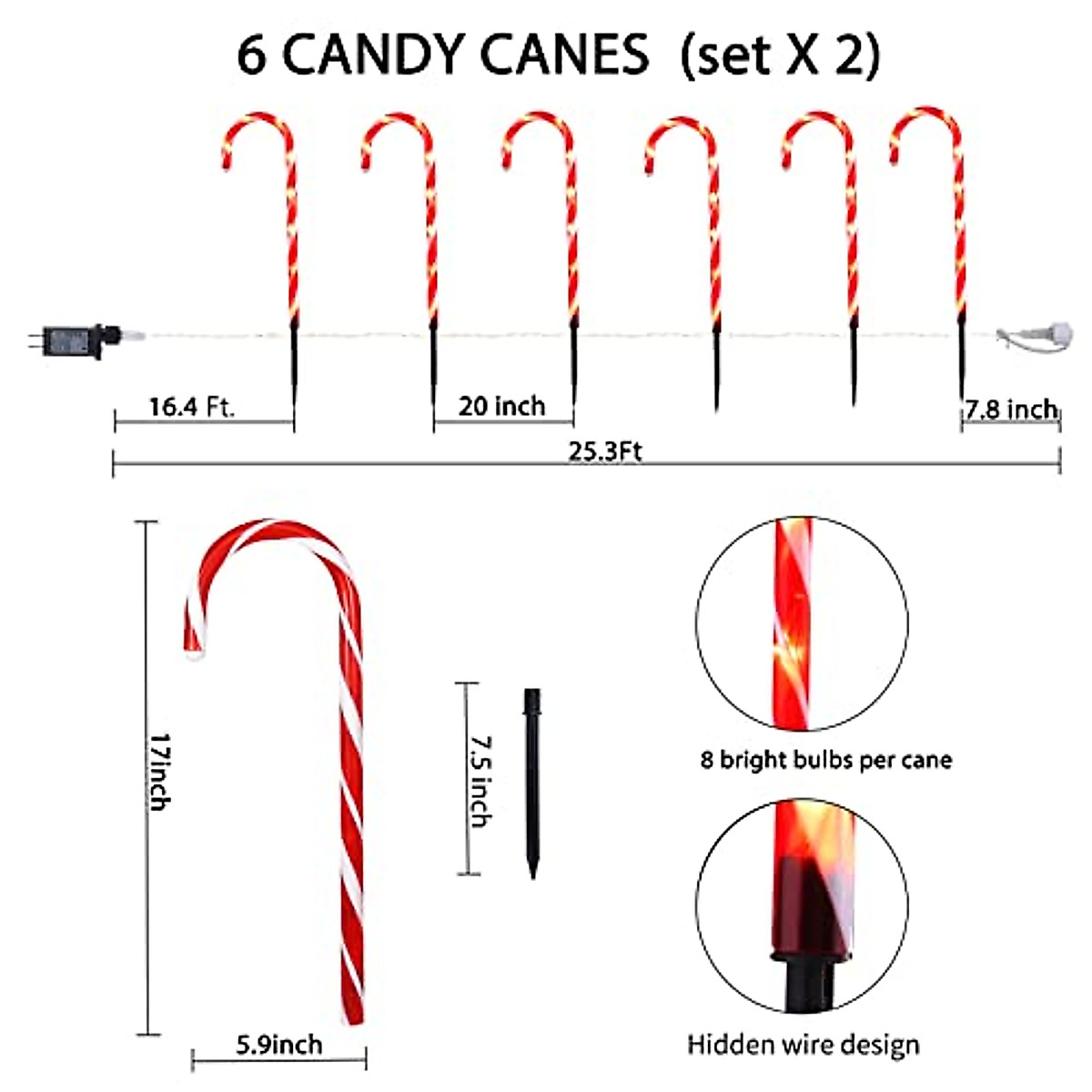 24.5" Candy Cane Lights with Stakes, 12 Packs Large Christmas Pathway Lights Outdoor, 8 Light Modes Candy Cane Pathway Markers Christmas Decorations for Yard Patio Garden Walkway Sidewalks