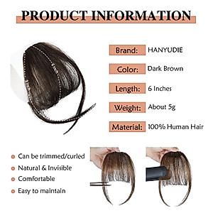HANYUDIE Clip in Bangs 100% Real Human Hair Bangs Dark Brown Bangs Hair Clip with Temple Clip on Bangs Hair Extensions for Women (Dark Brown)
