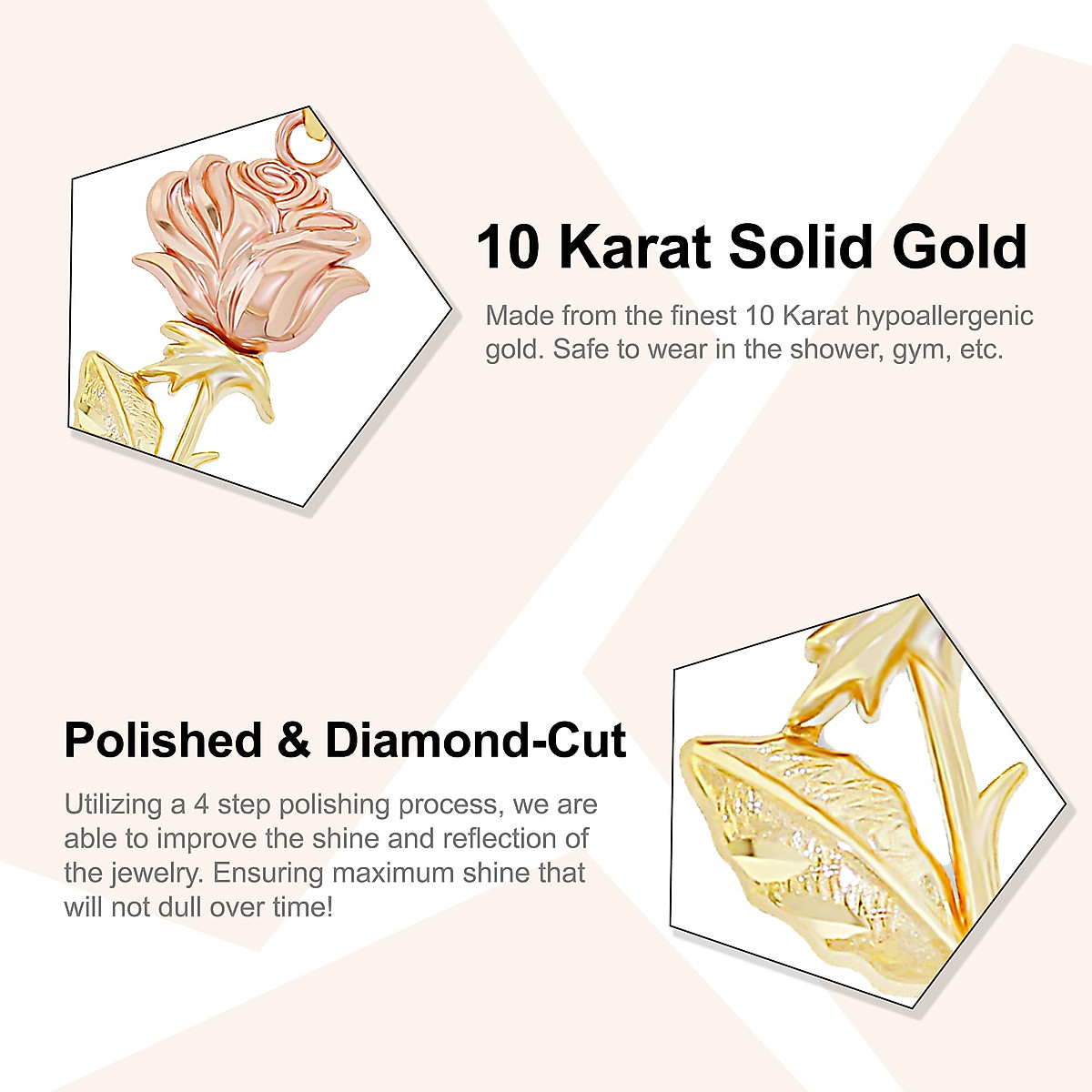 CA CHARMAMERICA Gold Long Stem Rose Charm - Rose Pendant Charm - Mother's Day Gift, Birthday Gift - Rose Flower Dangle Charm -10 Karat Solid Yellow and Rose Gold (Style 1)