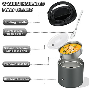 40oz Insulated Food Jar-Say Goodbye to Spills&Cold Meals|Ultimate Airtight Leak-Proof Lid Thermo for Hot Food, Wide Mouth Soup Thermos Lunch Box Container Adults|Stainless Steel with Folding Spoon