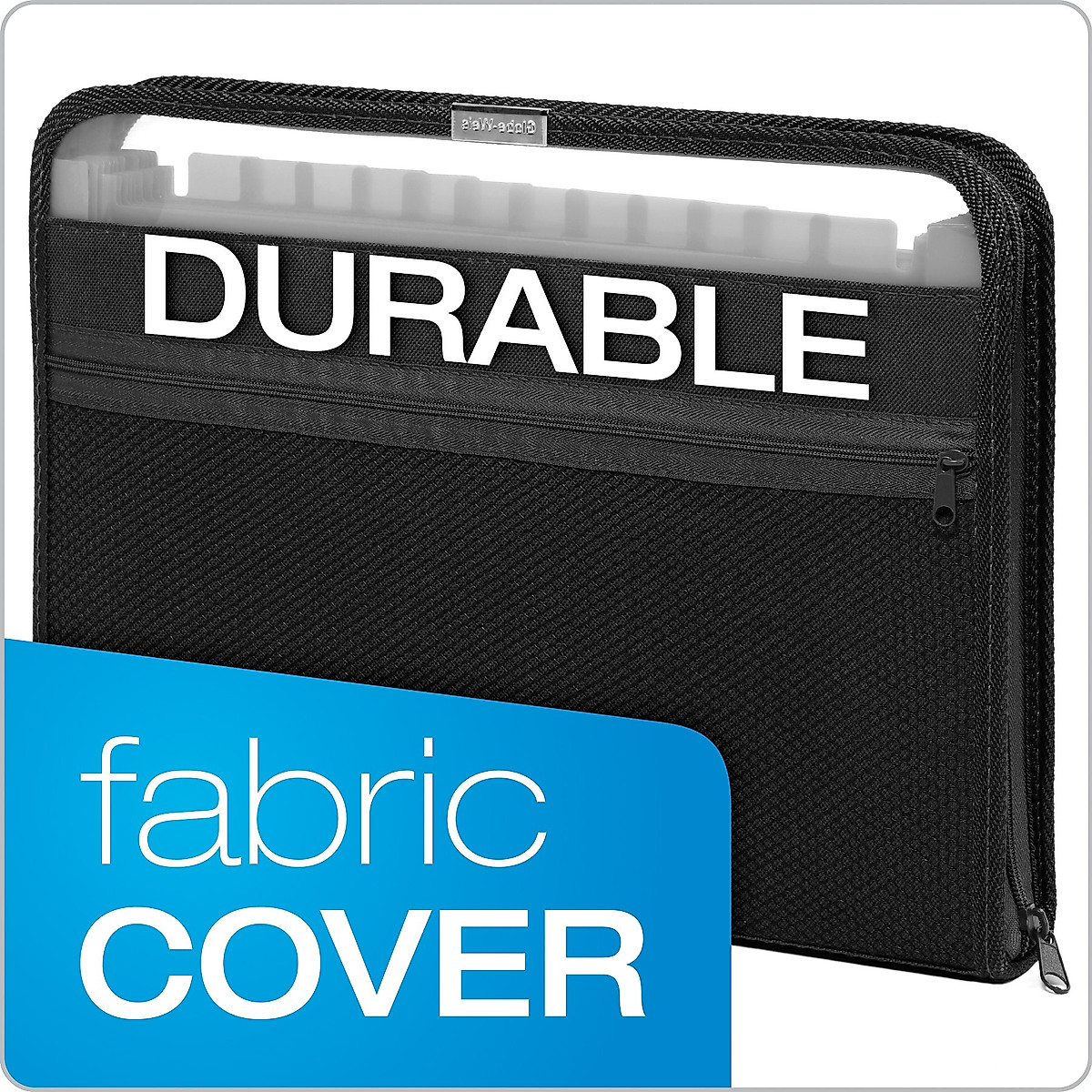 Globe-Weis Pendaflex 13-Pocket Fabric/Poly Expanding Zip File, A-Z, Monthly & Blank Adhesive Labels, Letter Size, Black Fabric Cover, Poly Dividers (84087BLK)