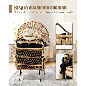 JOINHOM Hand Woven Wicker Egg Chair, Patio Sun Shade Egg Chair with Wide Armrest Allow You to Relax, Strong Metal Frame Lounge Chair w/Cushion for Garden, Balcony, Living Room