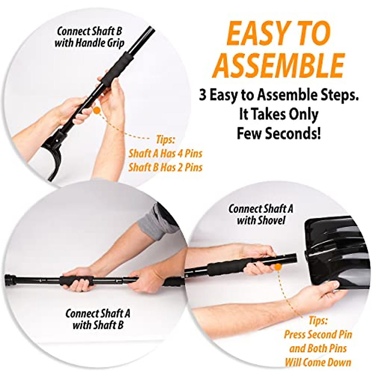 Zone Tech Snow Shovel Brush Kit 3-in-1 Replaceable Heads and Ice Scraper - Portable Snow Removal Shovel, Ice Scraper Emergency Collapsible Design, Easy Assemble and Use