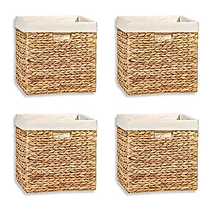 12" Foldable Hyacinth Storage Basket with Iron Wire Frame and Removable Liner By Trademark Innovations (Set of 4)