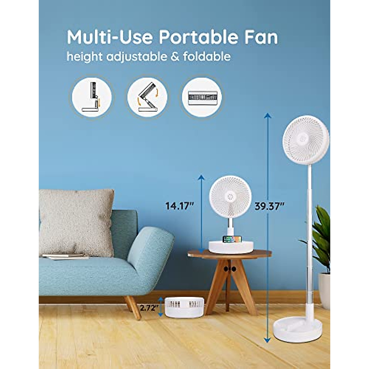 Primevolve Battery Operated Fan,Portable Rechargeable USB Floor Table Desk Fan with Adjustable Height, 4 Speed Settings Pedestal Fan for Bedroom Office Fishing Camping Travel, White 7.7"