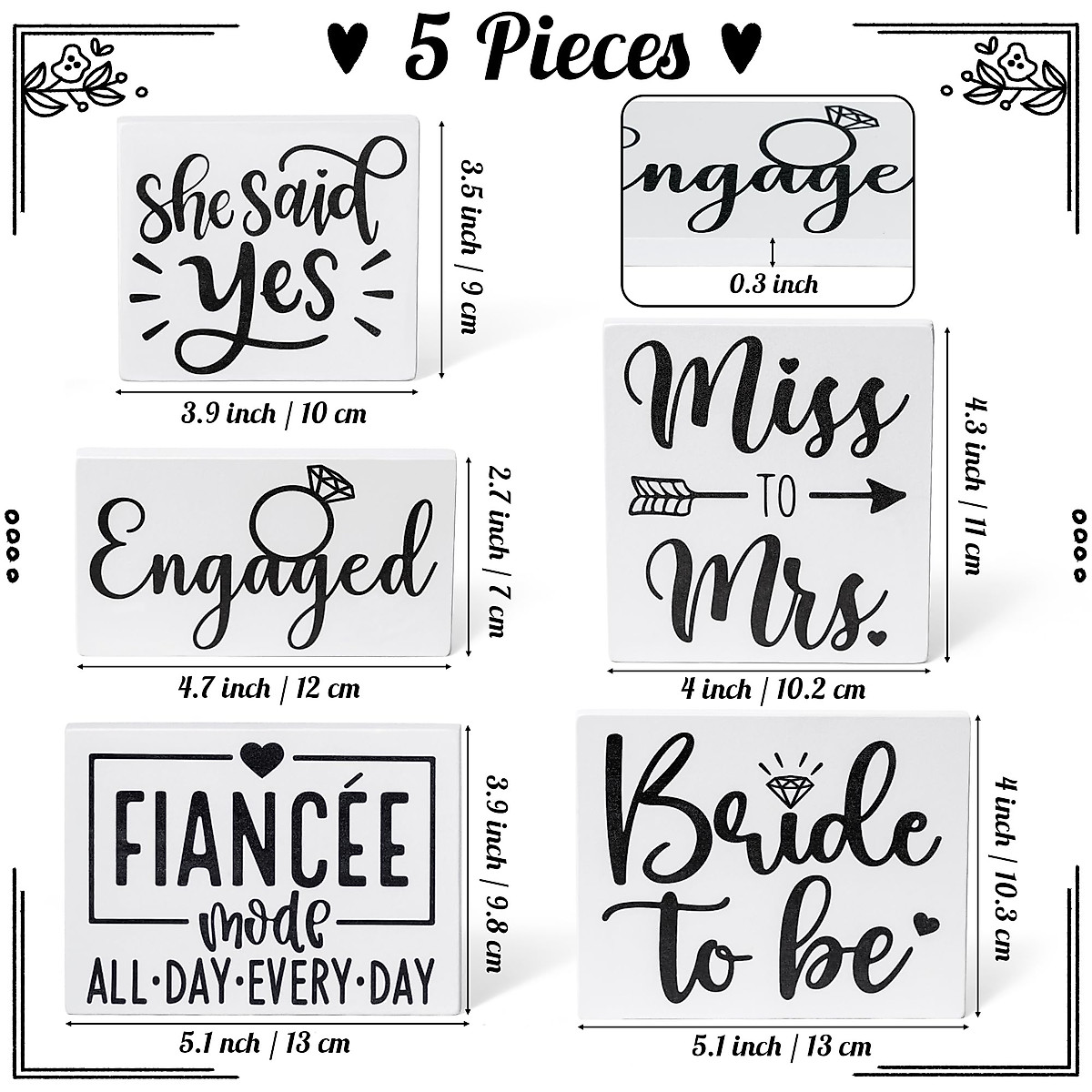 WATINC Engagement Party Centerpieces Decorations - 5pcs Miss to Mrs Engaged Wood Sign Tables Decor, Sweet Engagement Tabletop Tiered Tray Gift for Bridal Shower Bachelorette Betrothal Party (Black & White)