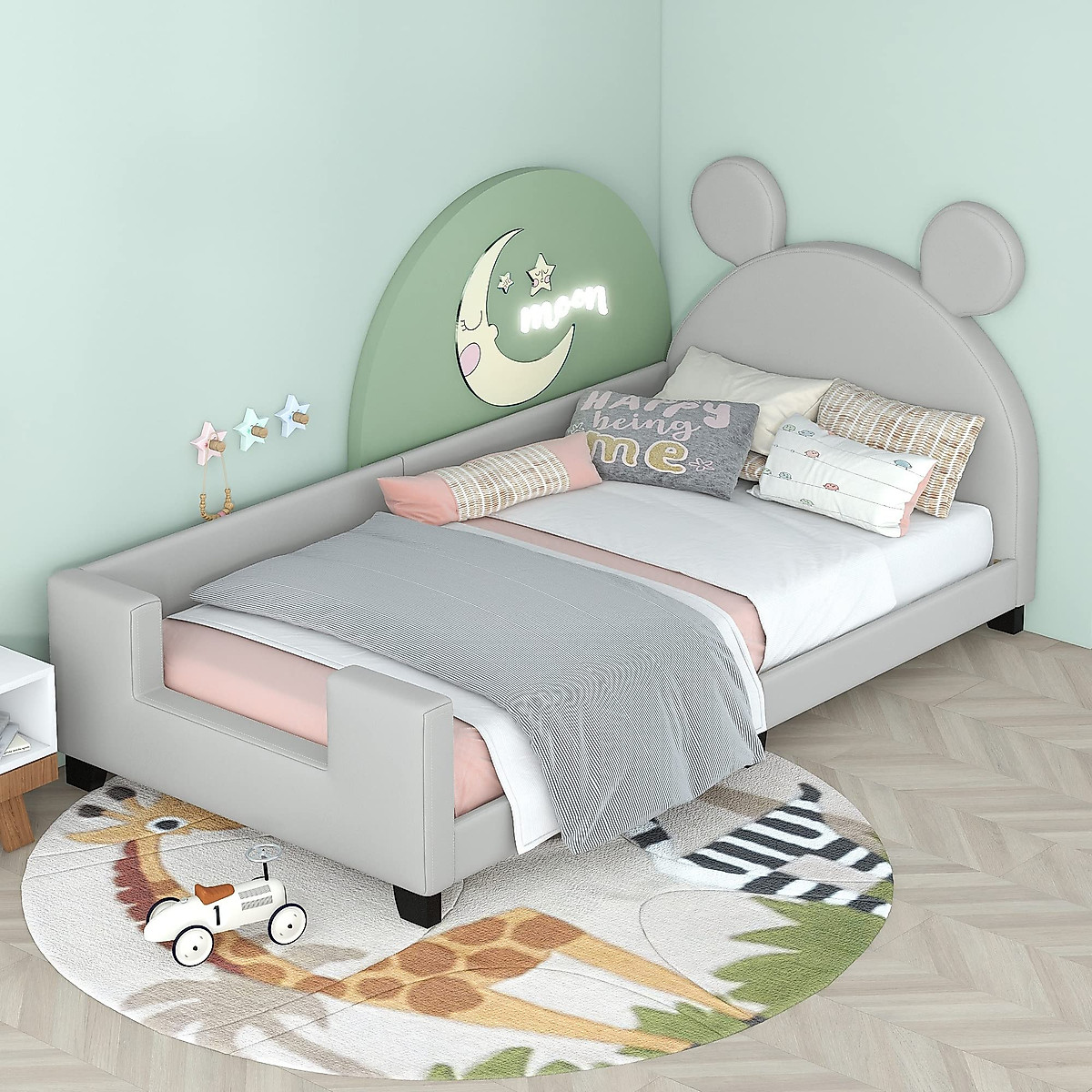 OPTOUGH PU Leather Twin Size Upholstered Daybed with Wooden Daybed Frame and Carton Ears Shaped Headboard,Low Platform Bed for Kids,Space Saving Design,Grey