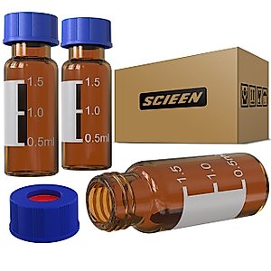 SCIEEN Autosampler Vial, Clear Glass 12 x 32 mm 9-425 Screw Neck Vial with Cap and Red Silicone&White PTFE Septum, 2ml Sample Vial with Writing Patch&Graduation Mark, 100/PK