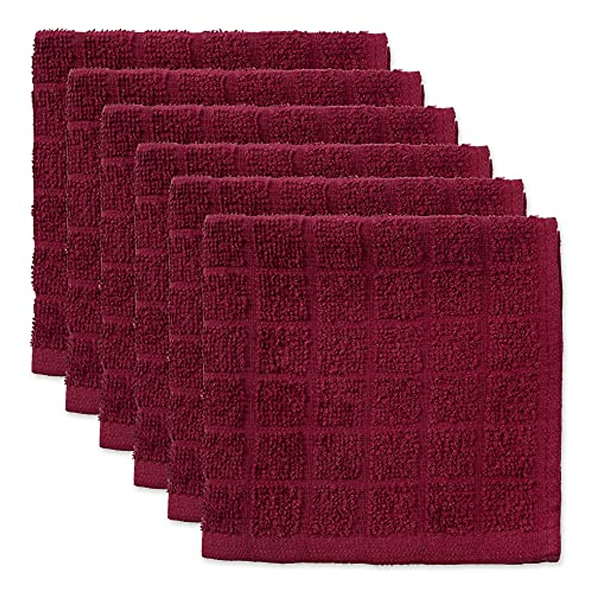 DII Basic Terry Collection Solid Windowpane Dishcloth Set, 12x12, Wine, 6 Piece