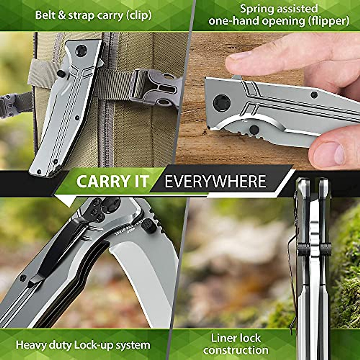 Bundle of 2 Items - 3,5" Blade Pocket Knife - Sharp Folding Knives for Men Women - Tactical Survival Camping Hunting Knofe - Best Pocket Knife for Urban Work Hobby Unboxing - Stocking Stuffers