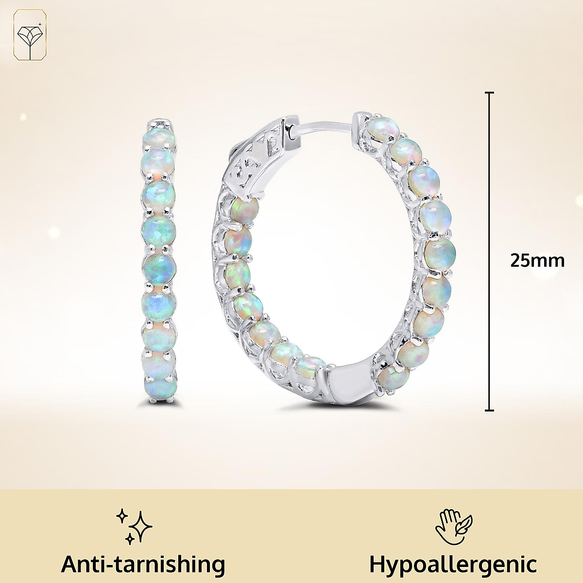MAX + STONE Created Opal Inside Out Hoop Earrings for Women in 925 Sterling Silver 1 Inch Diameter and 3mm October Birthstone with Notched Post with Lock