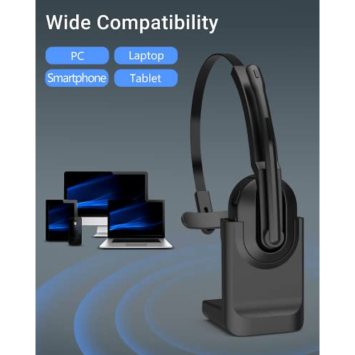 Bluetooth Headset with Microphone, HUAKUA AI Noise Cancelling Wireless Headset with Mute Button 50 Hrs Talk Time, on-Ear Headphones Trucker Headset for Computer PC Tablet Cell Phones Office Home Black