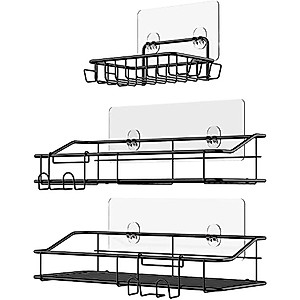 Nieifi Shower Caddy Basket with Hooks Soap Dish Holder Shelf for Shampoo Conditioner Bathroom Kitchen Storage Organizer SUS304 Stainless Steel Adhesive No Drilling - 3 Pack Black