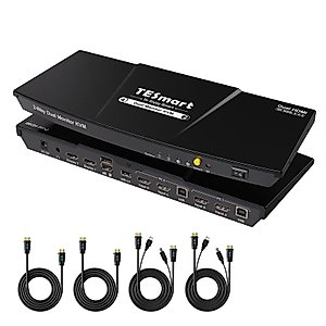 TESmart HDMI KVM Switch 2 Monitors 2 Computers 4K@60Hz, USB 2.0, Dual Monitor KVM Switch HDMI 2 Port Extended Display, EDID emulators, L/R Audio, Hotkey Switch, Button Switch with Input Cables