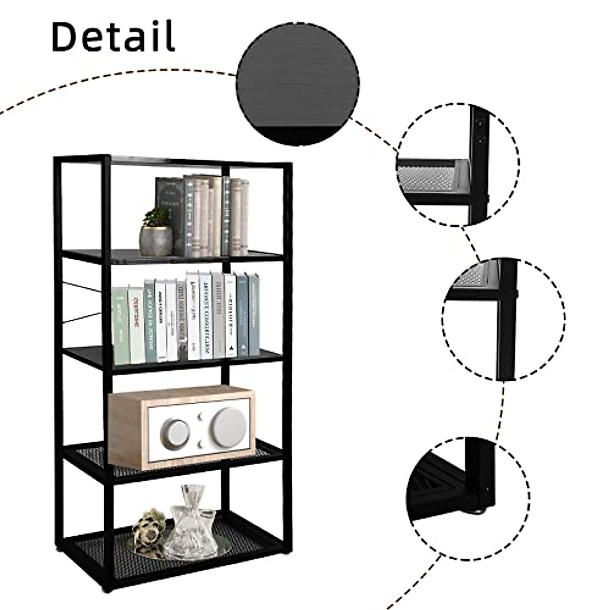 Acehome 5-Tier Bookshelf, 47" H Home Office Bookcase, Industrial Ladder Shelf, Freestanding Storage Organizer Rack, MDF Shelf and Metal Frame with for Bedroom, Living Room, Home Office-Black
