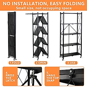 Fenbeli 5 Tier Storage Shelf with Wheels - Metal Collapsible Shelving Unit Display, Heavy Duty Folding Shelves, No Assembly Organizer Rack for Garage Kitchen, Basement, Pantry (Black, 5 Tier)