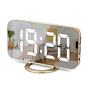 Digital Alarm Clock,6" Large LED Display with Dual USB Charger Ports | Auto Dimmer Mode | Easy Snooze Function, Modern Mirror Desk Wall Clock for Bedroom Home Office for All People (Gold)